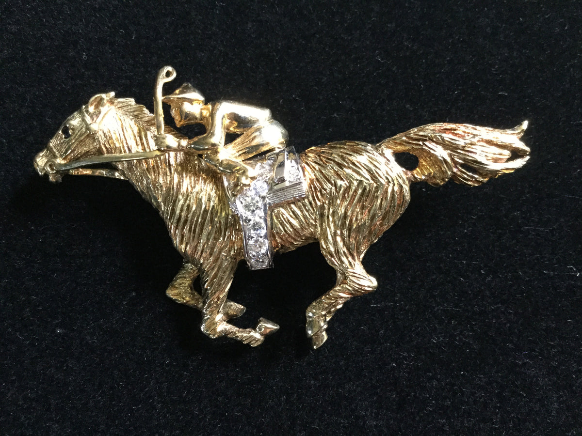 Magnificent 14kt Yellow White Gold Diamonds Sapphire Race Horse Jockey ...